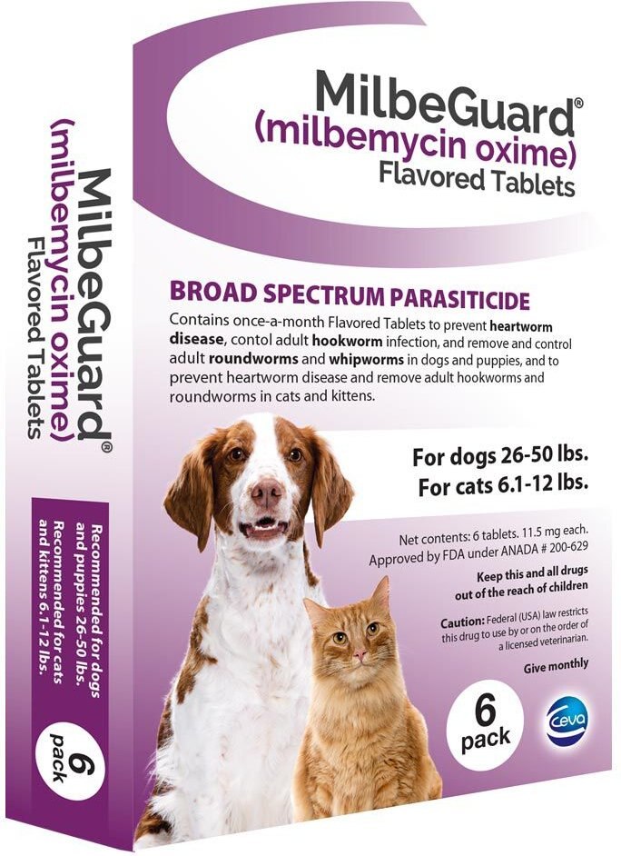MILBEGUARD Flavored Tablets for Dogs, 26 - 50 lbs, and for Cats, 6.1 ...