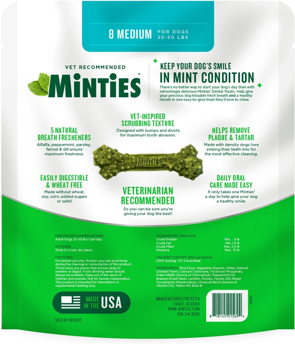MINTIES Medium Mint Flavored Dental Treats for Dogs, 25-50 lbs, 6.4-oz ...