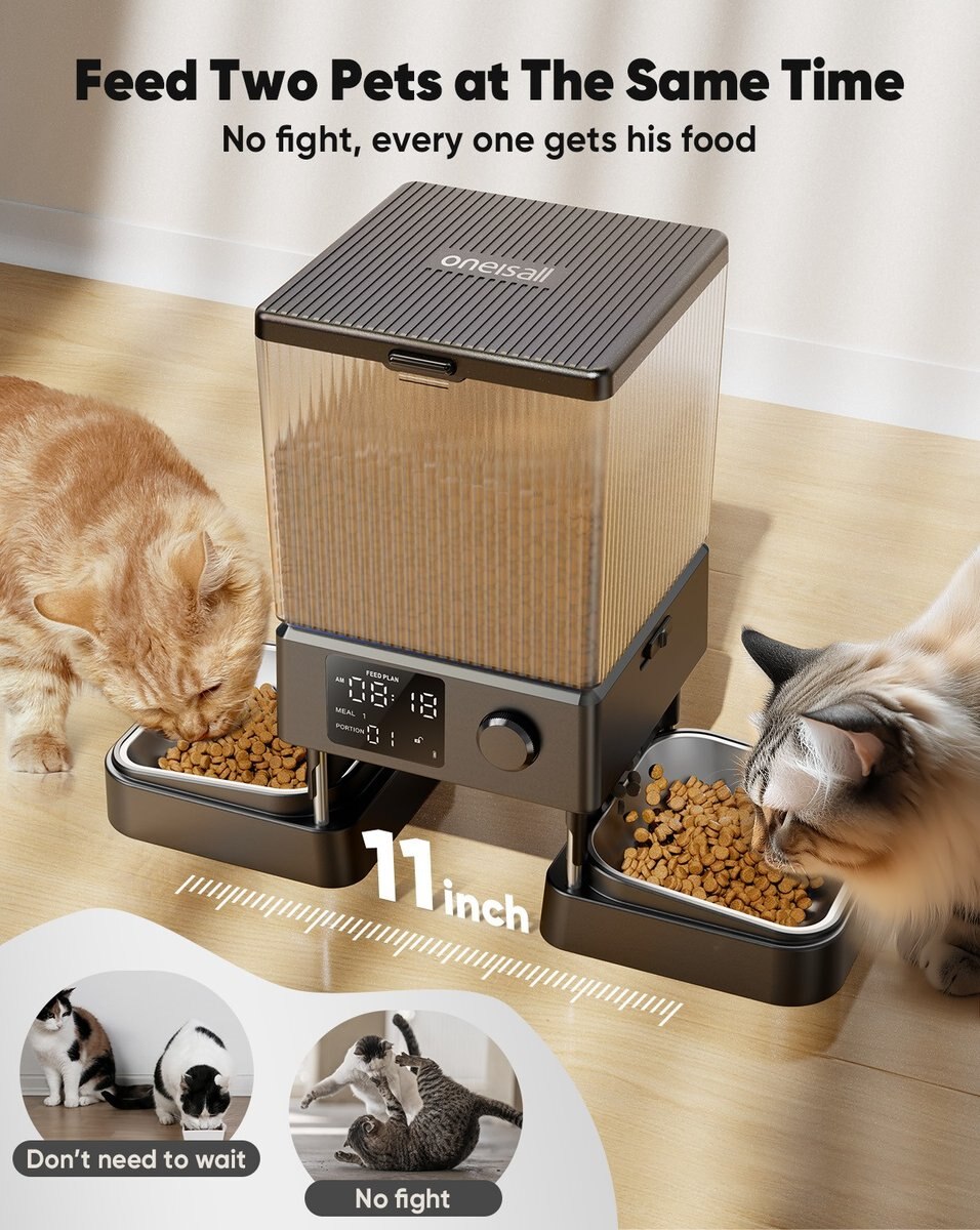 ONEISALL Stainless Steel Automatic Two Bowl Cat Feeder, Black, 20-cup ...