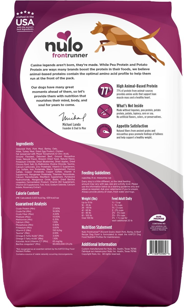 NULO Frontrunner Ancient Grains Pork, Barley & Beef Adult Dry Dog Food ...