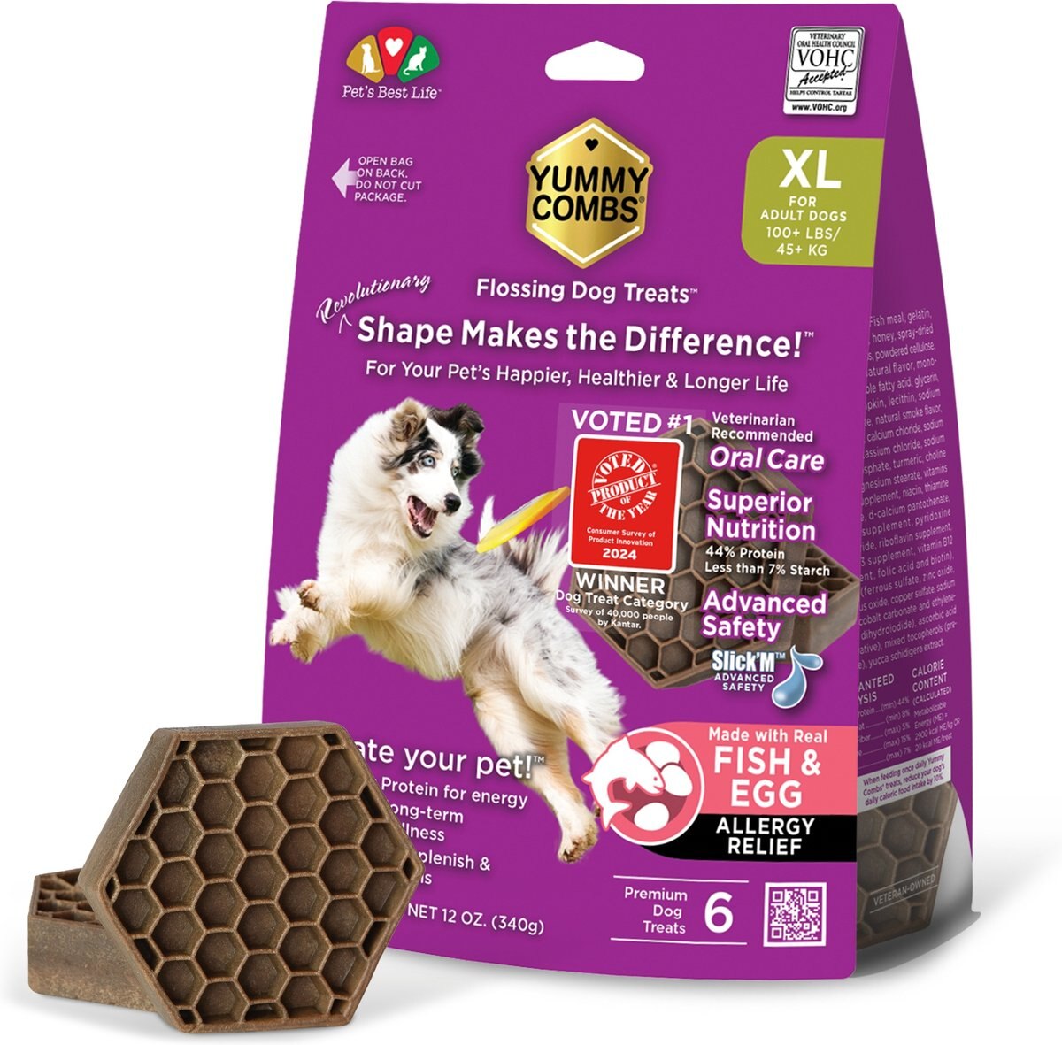 YUMMY COMBS Fish & Egg X-Large Dental Dog Treats, 12-oz bag, 6 count ...