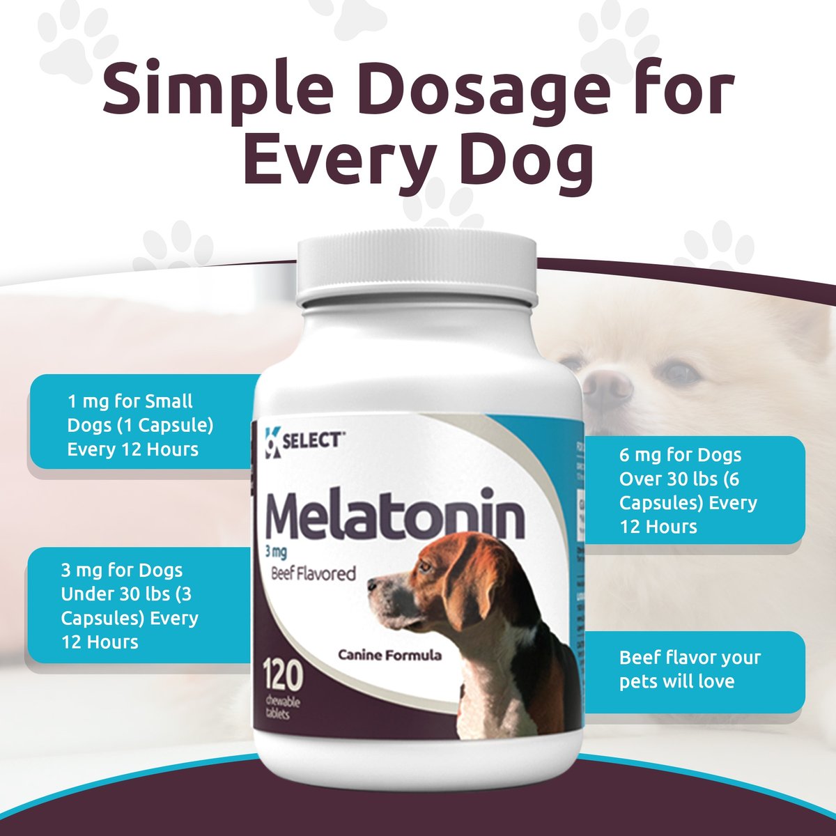 K9 SELECT Melatonin Beef Flavor Calming Dog Supplement, 3-mg, 120 count ...