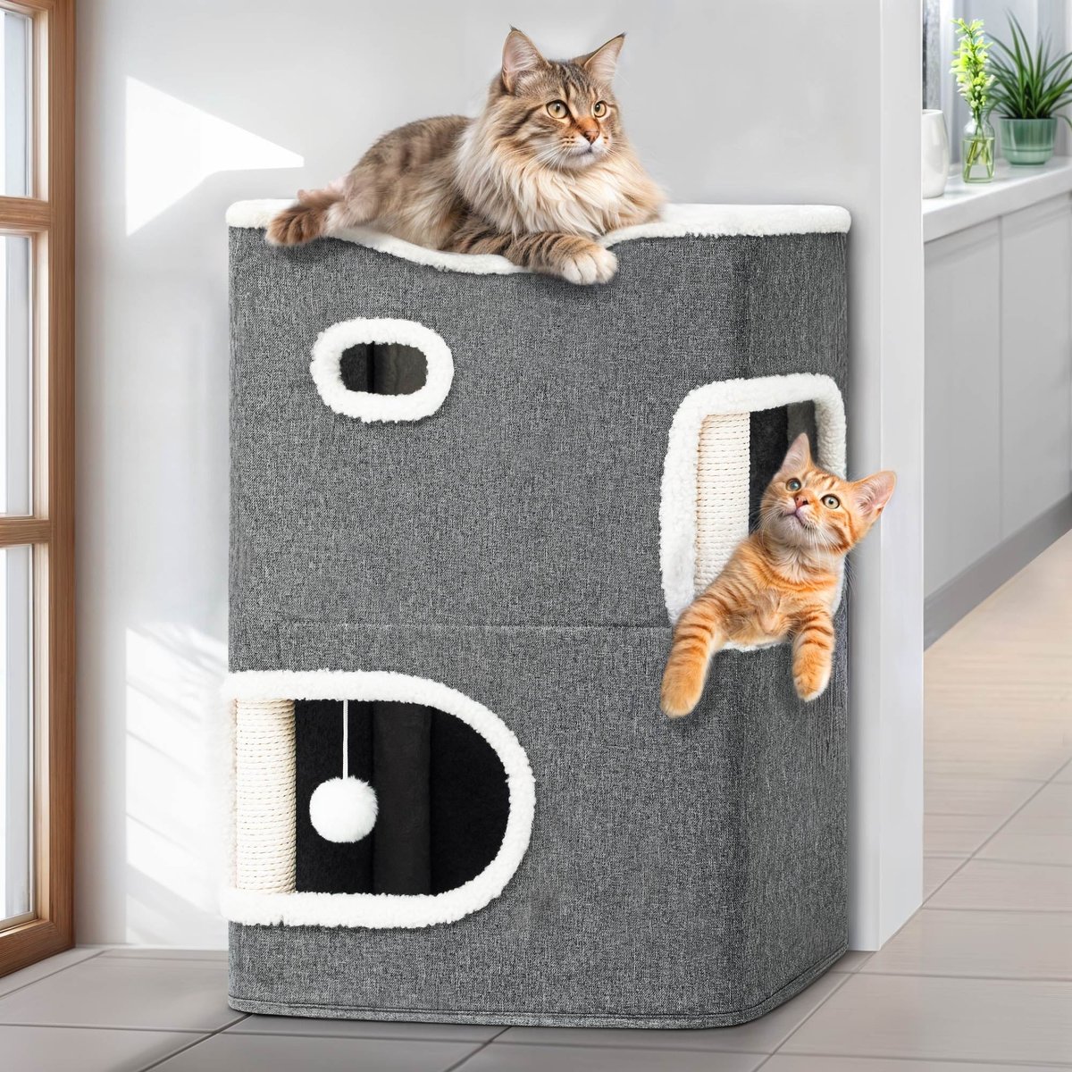 YITAHOME 2-Level Cat House with Scratching Post, Grey - Chewy.com