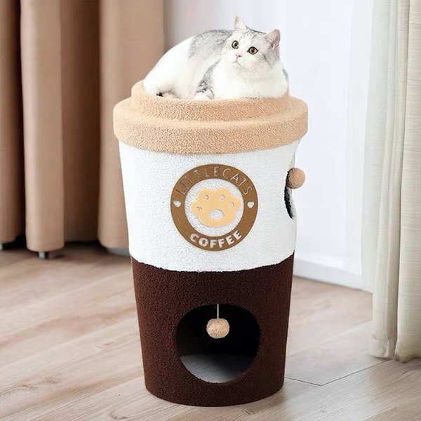 HAPPY & POLLY Coffee Cup 27.6-in Plush Cat Tree & Condo, Brown, Large ...