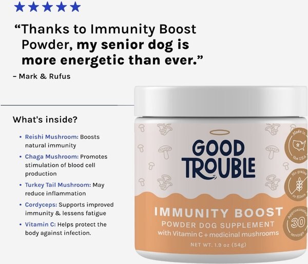 GOOD TROUBLE Immunity Boost Mushroom Powder Supplement for Dogs, 1.9-oz ...