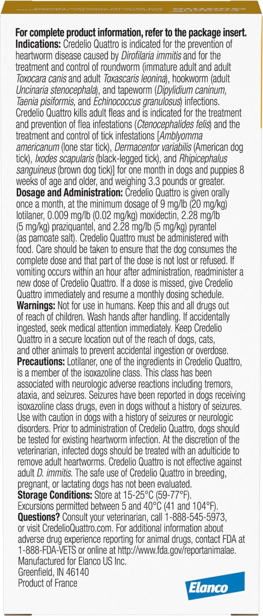 CREDELIO QUATTRO Chewable Tablets for Dogs, 3.3-6 lbs, 6 Chewables (6 ...