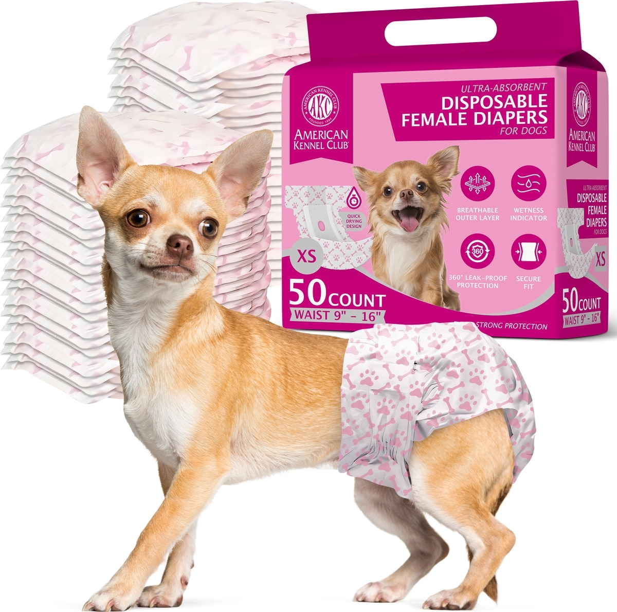 AMERICAN KENNEL CLUB Disposable Female Dog Wraps with Wetness Indicator ...