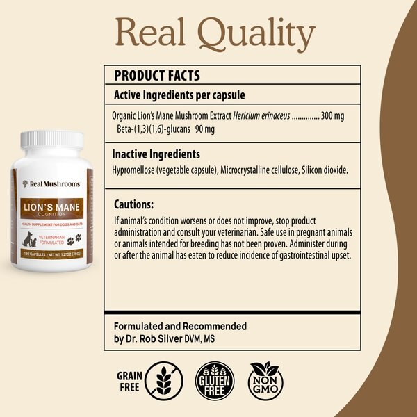 REAL MUSHROOMS Lion's Mane Capsule Cognitive Supplement for Dogs & Cats ...