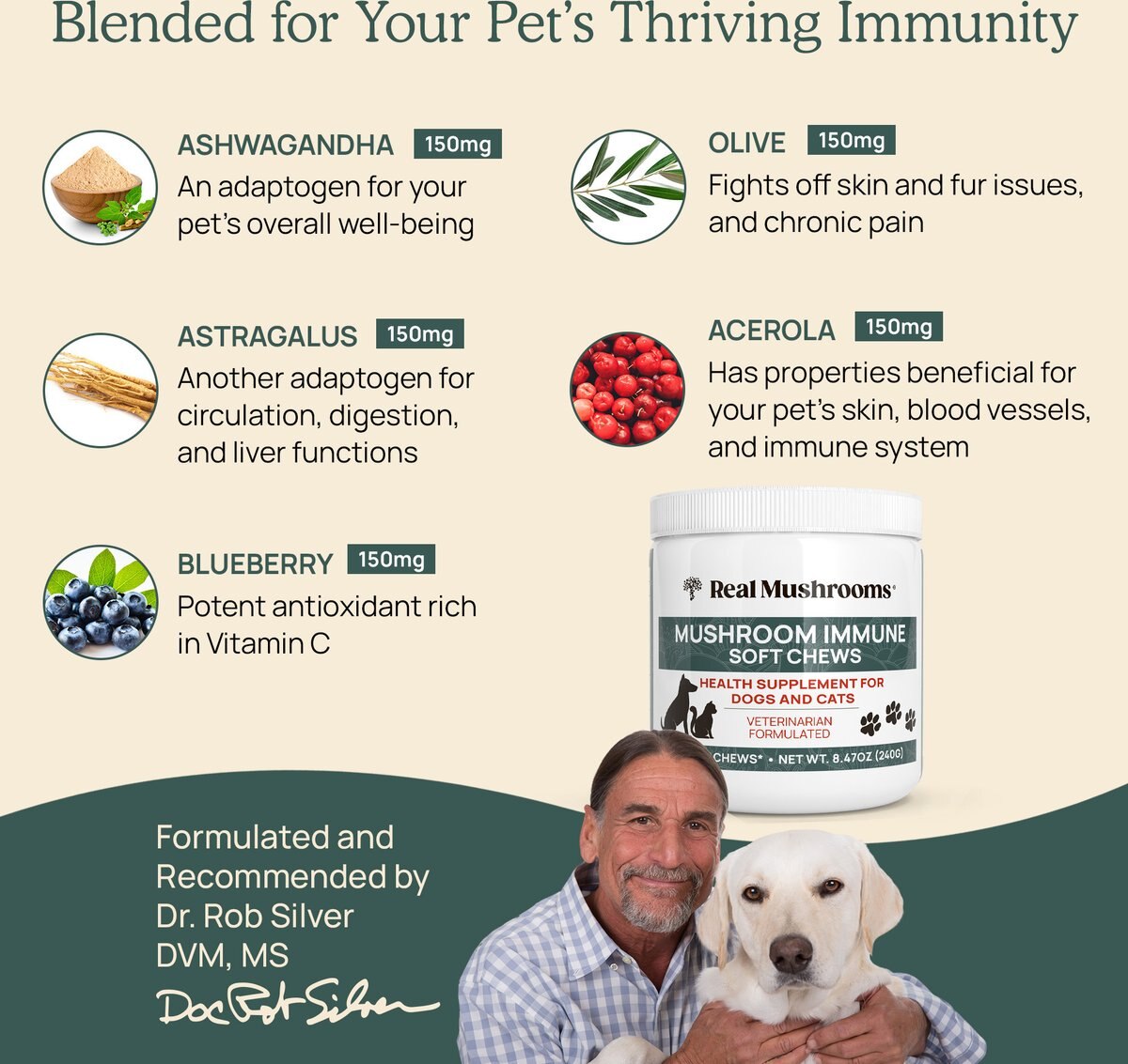 REAL MUSHROOMS Mushroom Immune Chews Supplement for Dogs & Cats, 60 ...