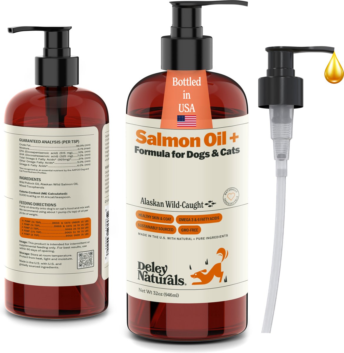 DELEY NATURALS Wild Alaskan Salmon Oil + for Dogs & Cats, 32-fl oz ...