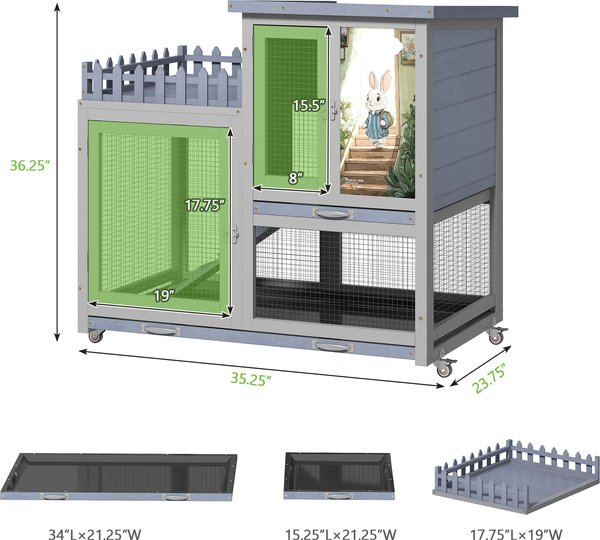 COZIWOW Rolling Rabbit Hutch with Balcony & Tray, Grey - Chewy.com