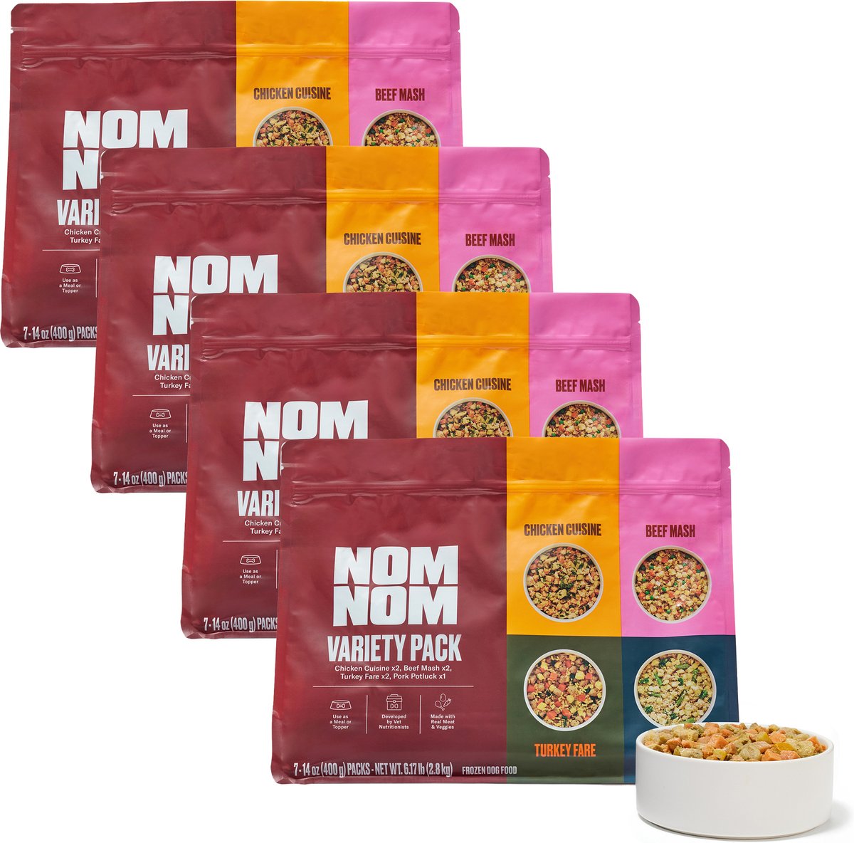 NOM NOM Freshly-Made Frozen Variety Pack Dog Food, 14-oz pouch, case of ...