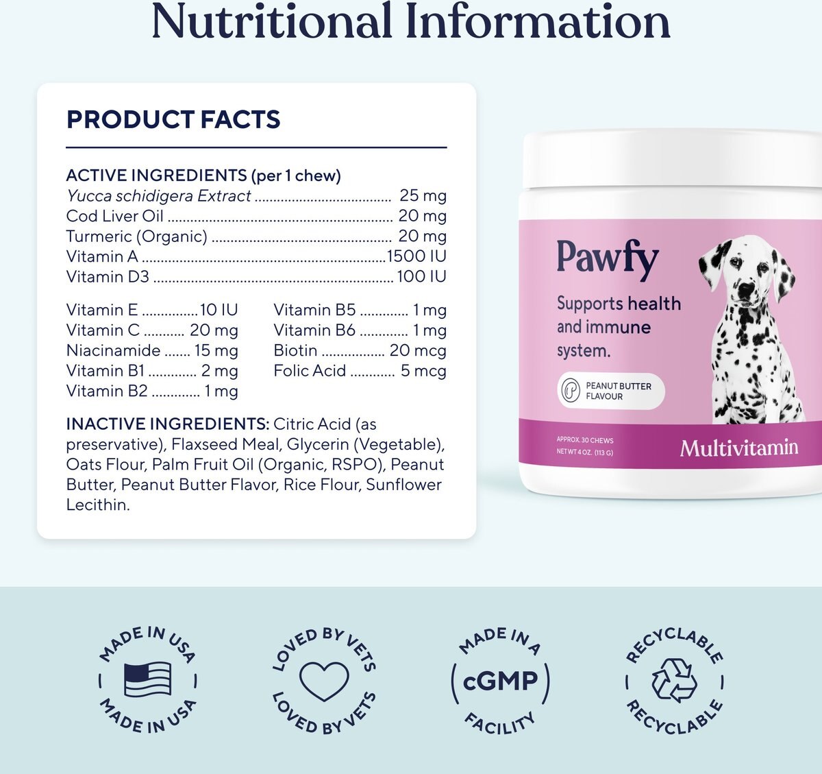 PAWFY Multivitamin Peanut Butter Flavor Supplement for Dogs, 30 count ...