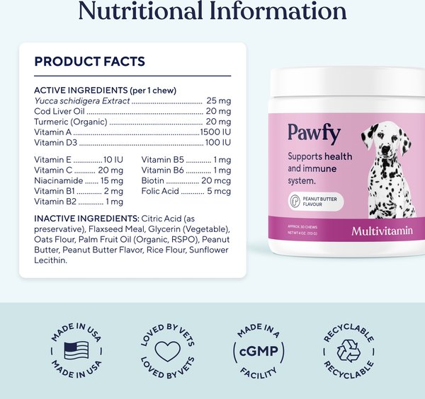PAWFY Multivitamin Peanut Butter Flavor Supplement for Dogs, 30 count ...