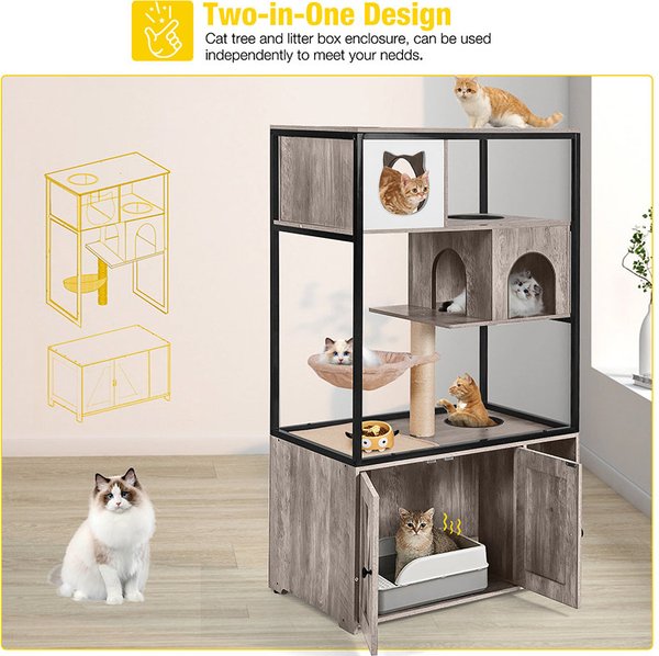 AIVITUVIN AIR102 Wooden 3-Story Cat Condo with Litter Box, Light Gray ...