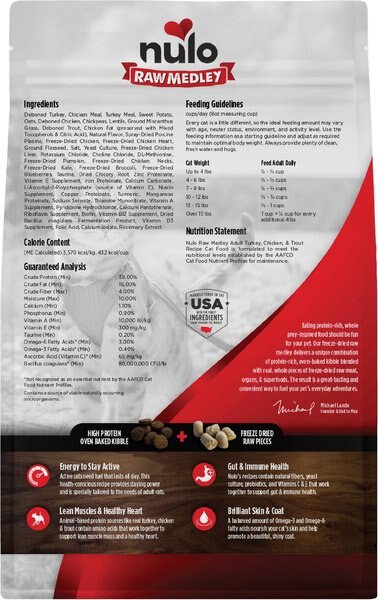 NULO Raw Medley Turkey, Chicken & Trout Adult Dry Cat Food, 4-lb bag - Chewy.com