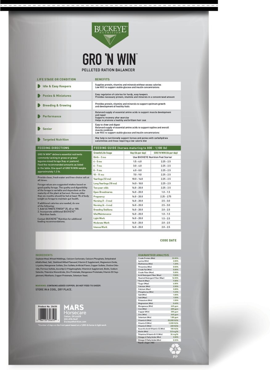 BUCKEYE NUTRITION Gro 'N Win Pelleted Horse Feed, 30-lb bag - Chewy.com