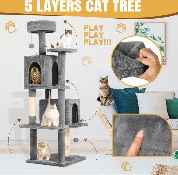 TSCOMON Multi-Level 58-in Plush Cat Tree & Condo, Grey - Chewy.com