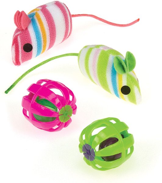 SAVVY TABBY Stripe Mice & Jingle Ball Cat Toy with Catnip, 4 count ...