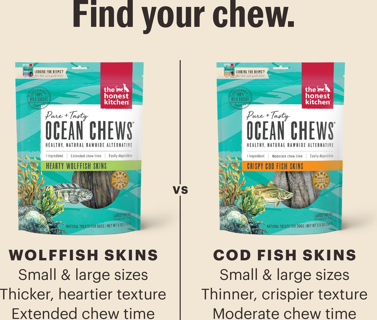 THE HONEST KITCHEN Beams Ocean Chews Cod Fish Skins Dehydrated Dog ...