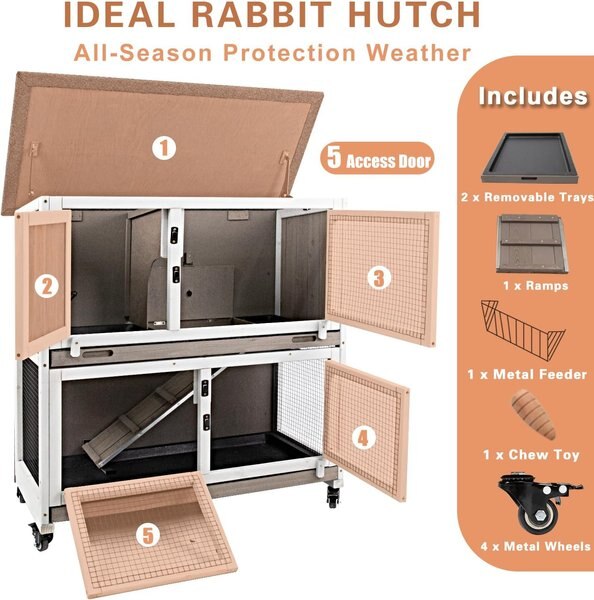 PETSCOSSET Indoor Wooden Two-Story Rabbit Hutch with Tray Small Animal ...