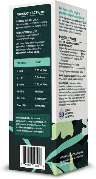 PET RELEAF Feline Stress Releaf Organic Full Spectrum Hemp Extract Oil ...