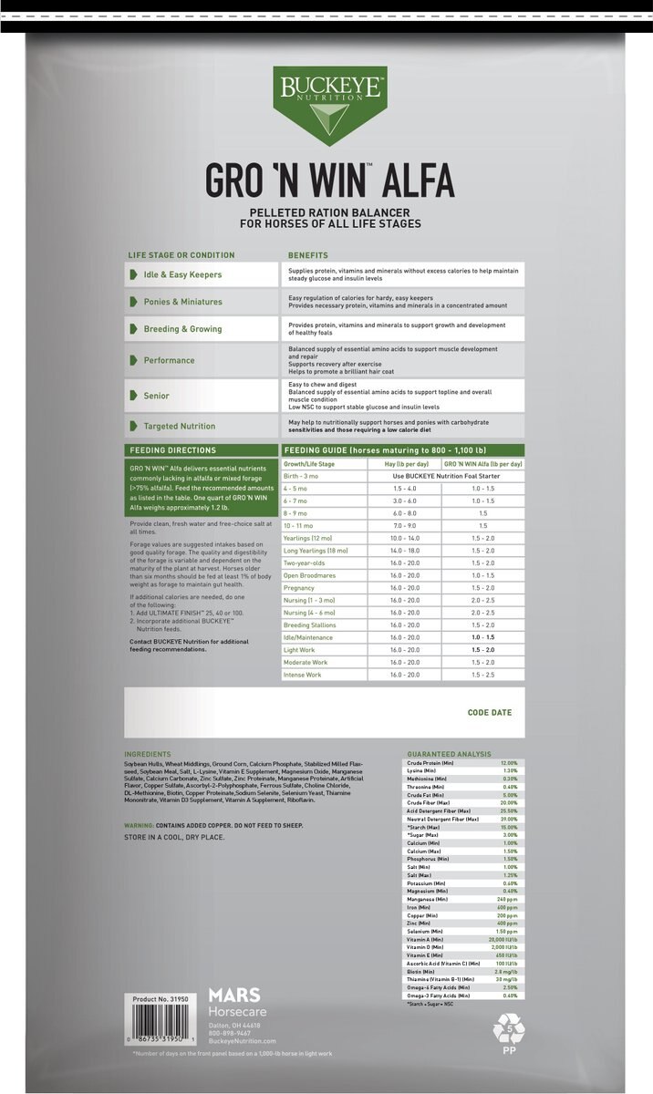 BUCKEYE NUTRITION Gro 'N Win Alfa Horse Feed, 50-lb bag - Chewy.com