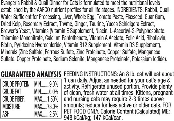 EVANGER'S Super Premium Rabbit & Quail Dinner Grain-Free Canned Cat ...