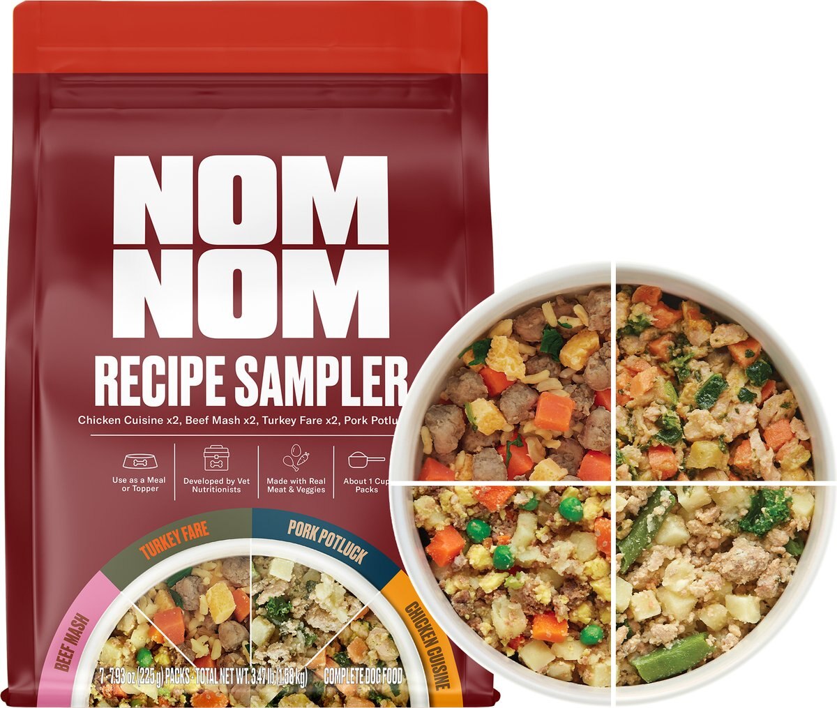 NOM NOM Freshly-Made Frozen Variety Pack Dog Food, 7.9-oz pouch, case ...