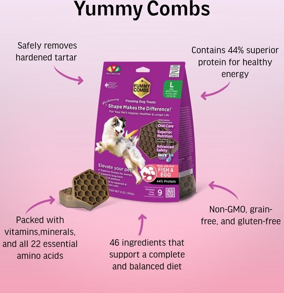 YUMMY COMBS Fish & Egg Large Dental Dog Treats, 12-oz bag, 9 count ...