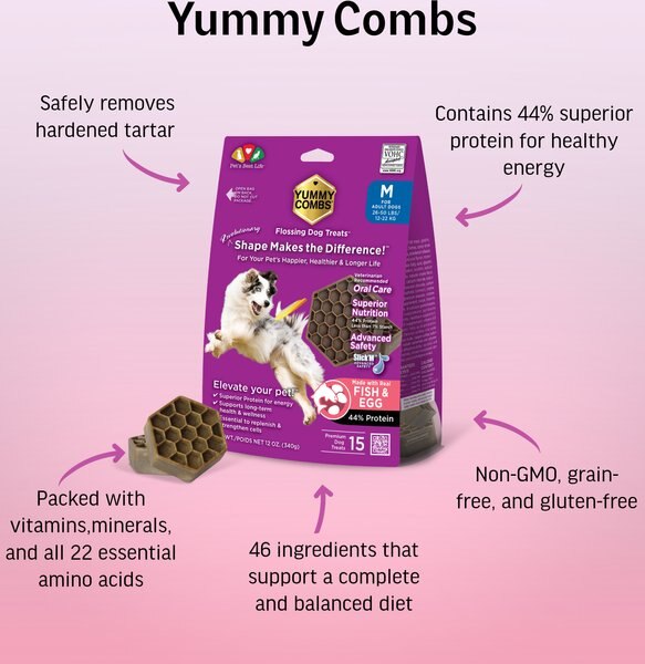 YUMMY COMBS Fish & Egg Medium Dental Dog Treats, 12-oz bag, 15 count ...