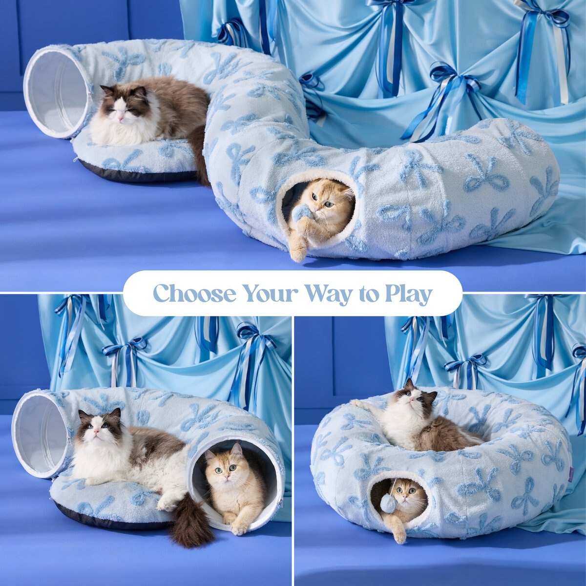 LESURE 2-in-1 Cat Tunnel Bed, Blue Bows, Standard - Chewy.com