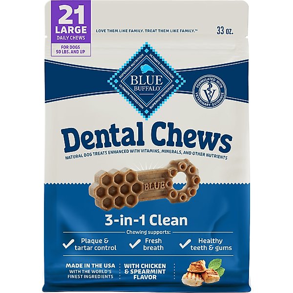 BLUE BUFFALO Large Natural Chicken & Spearmint Dental Dog Chews Treats ...