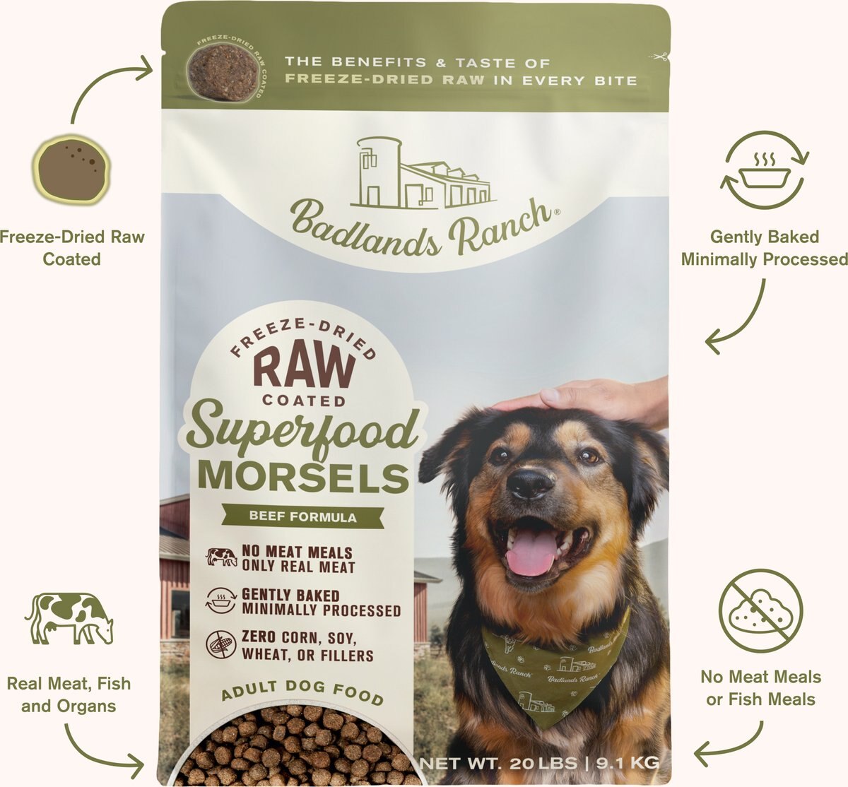 BADLANDS RANCH Superfood Complete Raw Coated Morsels Beef Dry Dog Food ...