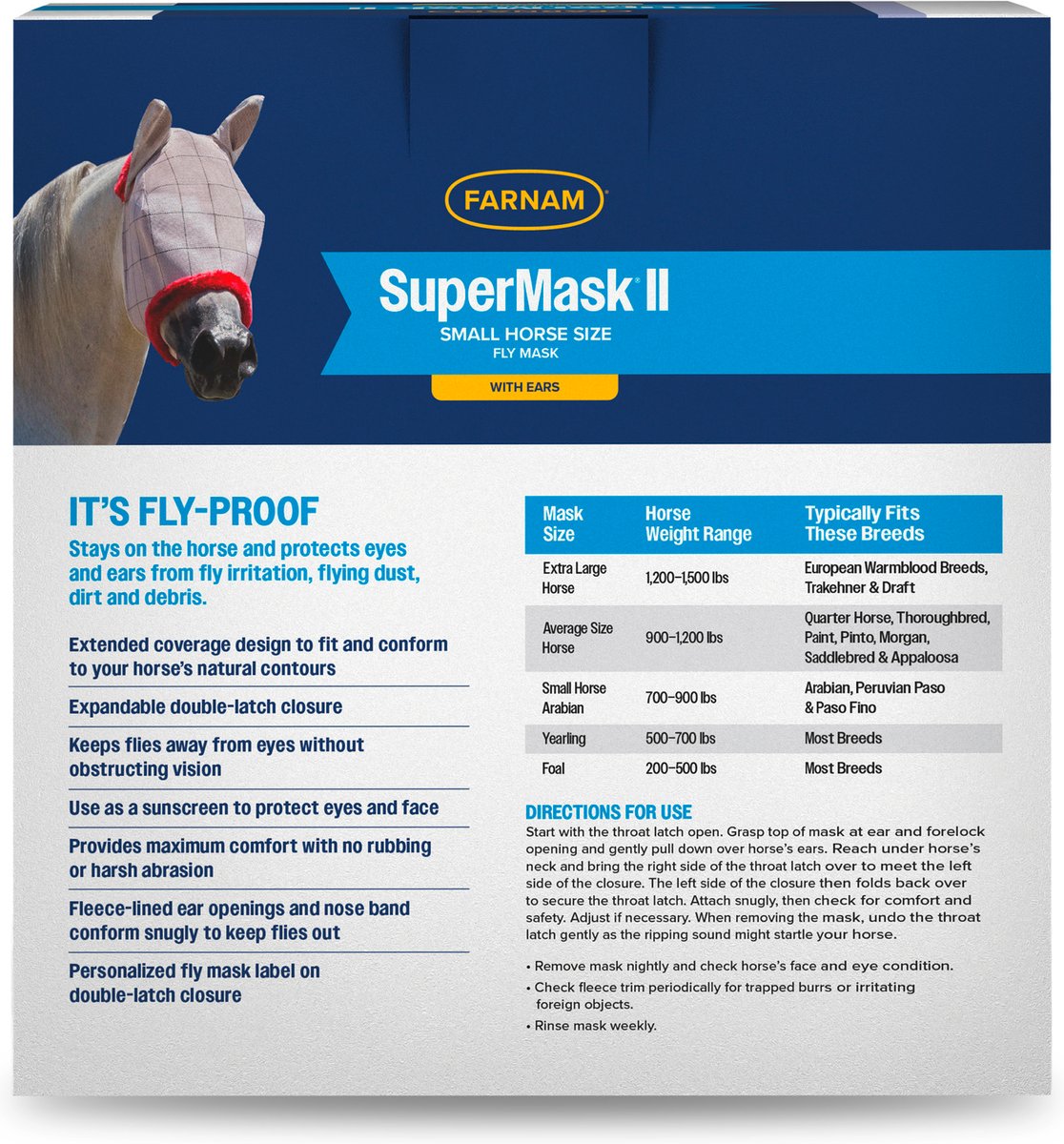 FARNAM SuperMask II Horse Fly Mask with Covered Ears, Assorted, Small ...