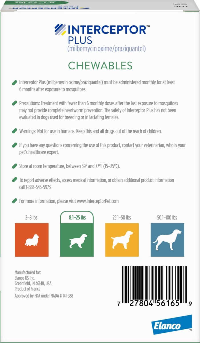 INTERCEPTOR PLUS Chew for Dogs, 8.1-25 lbs, (Green Box) - Easy Refills ...