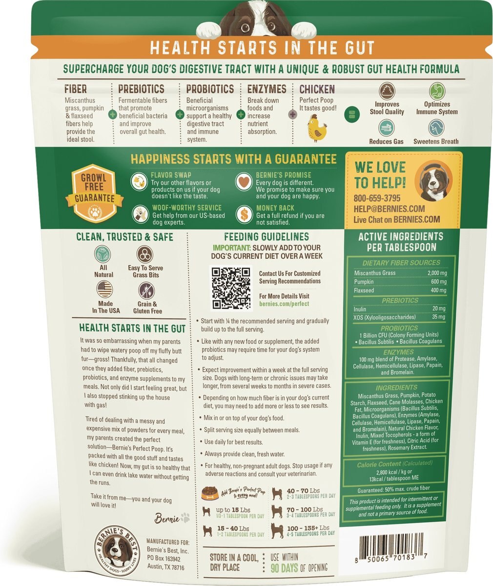 BERNIE'S Perfect Poop Chicken Flavor Digestion Support Dog Supplement ...
