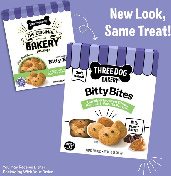 THREE DOG BAKERY Bitty Bites Carob & Peanut Butter Dog Treats, 13-oz ...