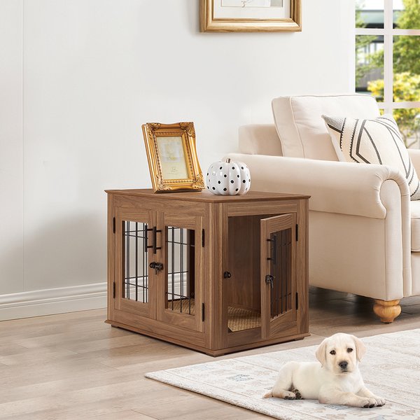 UNIPAWS Wooden Wire Furniture End Table Dog Crate, Walnut, Small ...