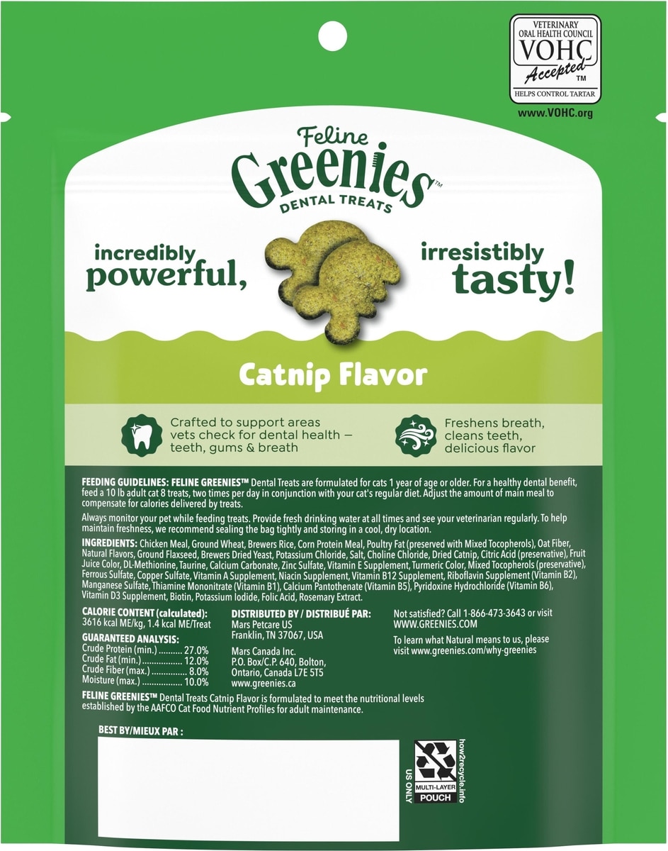 GREENIES Feline Catnip Flavor Adult Natural Dental Cat Treats, 4.6-oz ...