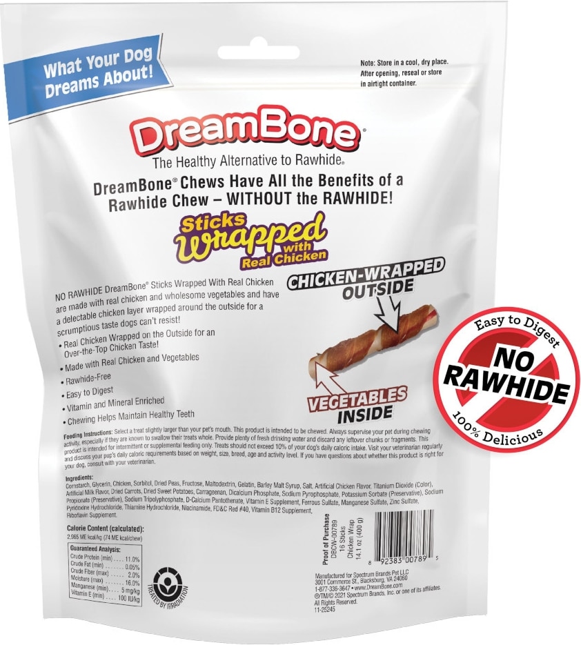 DREAMBONE Sticks Wrapped with Real Chicken Rawhide Free Dog Chews, 16 ...