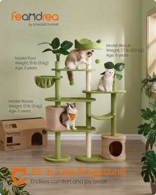 FEANDREA Tall Indoor Multi-Level Plush Condo, Artificial Leaves, 3 ...