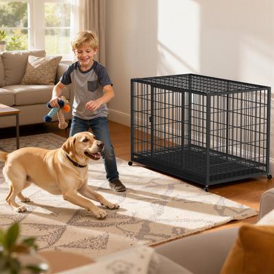FUZZY BIRD Three-Door Wire Metal Cage Dog Crate with Removable Tray ...
