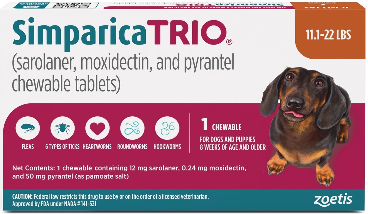 SIMPARICA TRIO Chewable Tablet for Dogs, 11.1-22.0 lbs, (Caramel Box ...