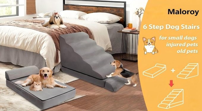 MALOROY High Density Foam 6-Steps Dog & Cat Stairs for High Beds, Grey ...