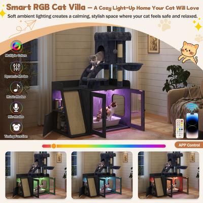 W-JOPNS 48-in Litter Box Enclosure LED Light Cat Tree, Black - Chewy.com
