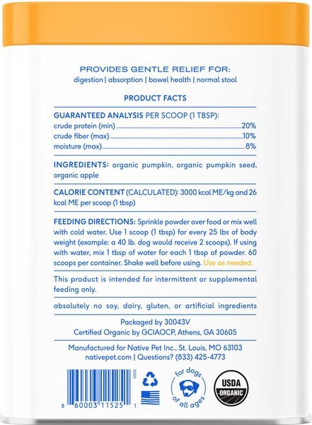 NATIVE PET Organic Pumpkin Fiber Powder Digestive Supplement for Dogs ...