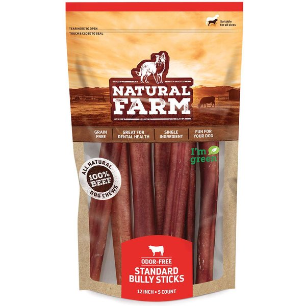 NATURAL FARM Odor-Free Extra Thick Bully Sticks Dog Treats, 12-in, 5 ...