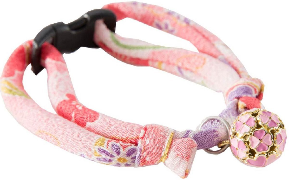 NECOICHI Chirimen Clover Breakaway Cat Collar with Bell, Pastel Pink, 8 ...