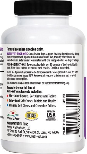 NUTRI-VET Probiotics Capsules Digestive Supplement for Dogs, 60 count ...